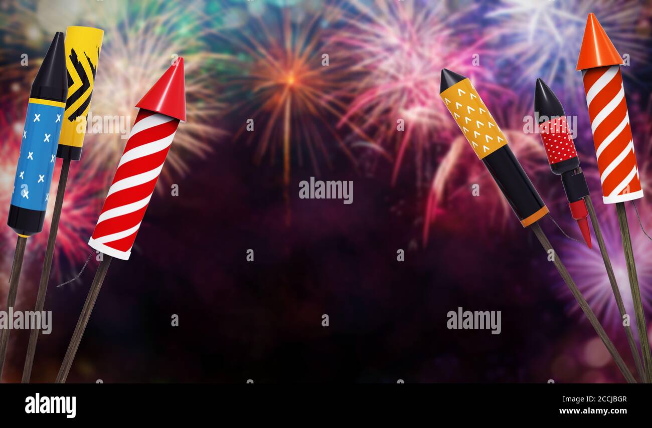 Abstract colored firework background with rockets. Free space for text ...