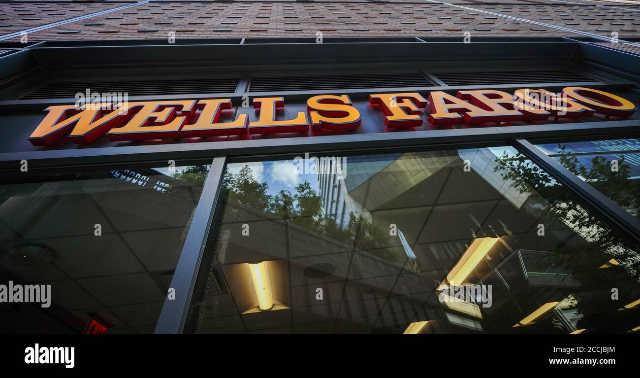 New York, United States. 21st Aug, 2020. Wells Fargo sign at a branch ...
