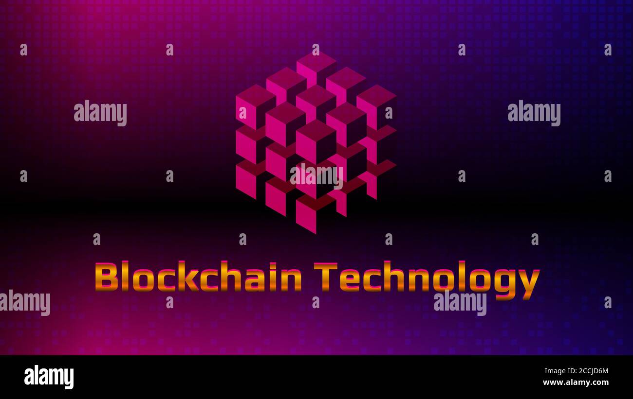 Golden lettering Blockchain technology with digital cube on beautiful ...