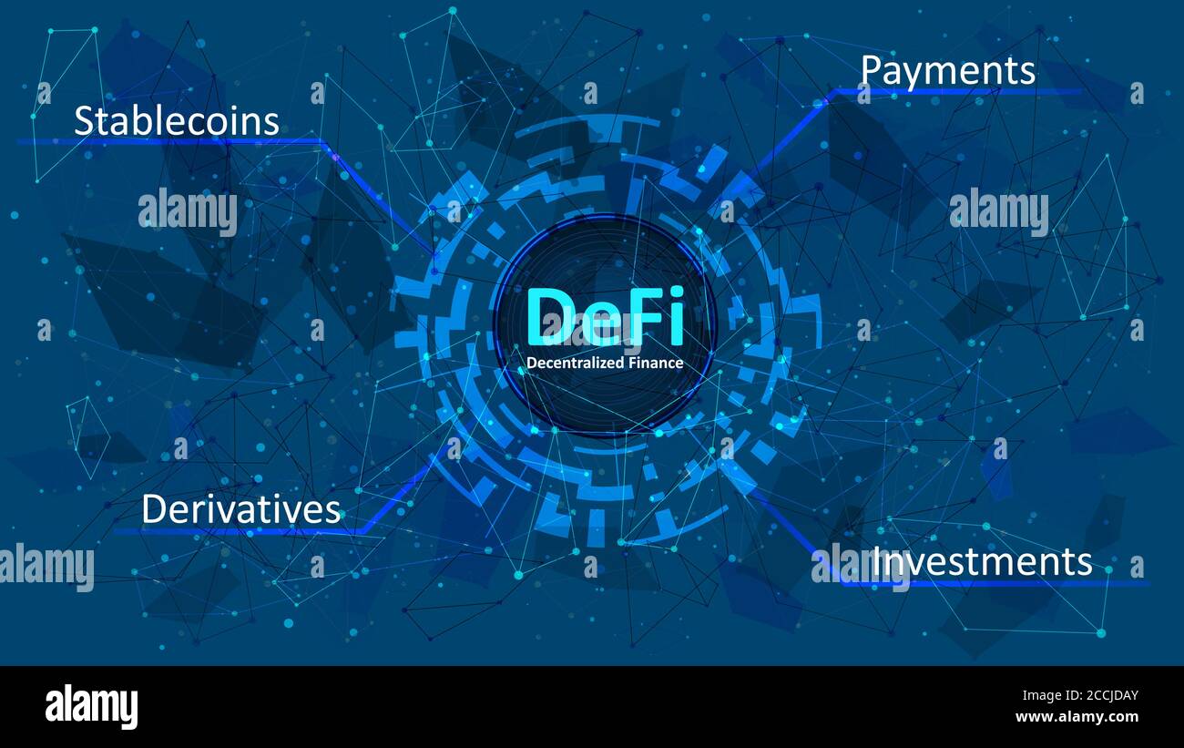 Defi - decentralized finance in a digital circle on dark blue abstract ...