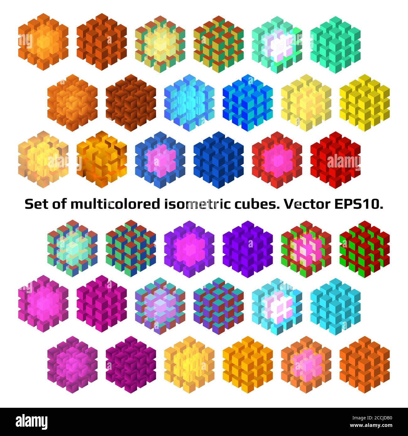 Set of multicolored isometric cubes from separate small cubes isolated ...