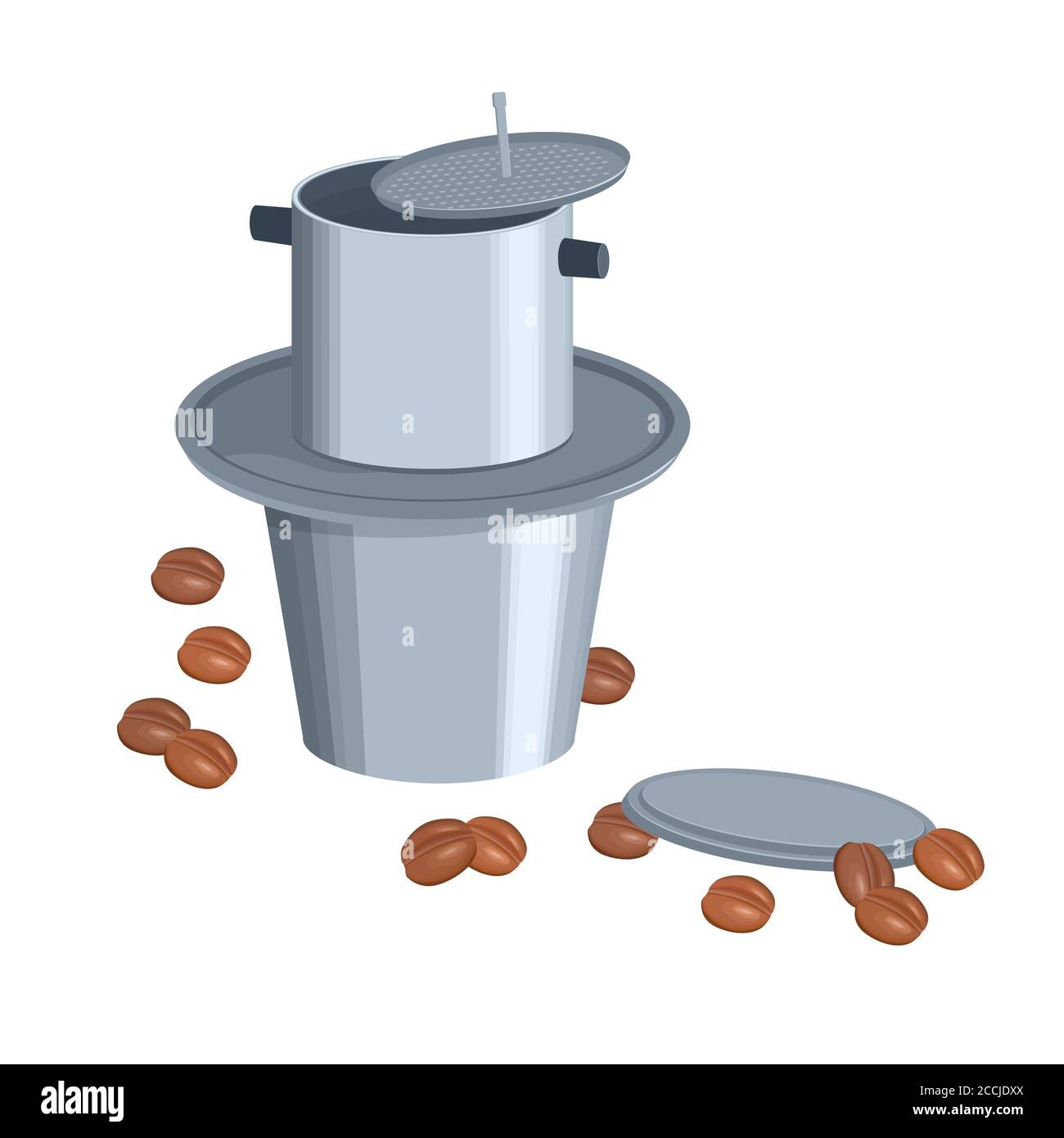 Vietnamese traditional coffee dripper and scattered coffee beans ...