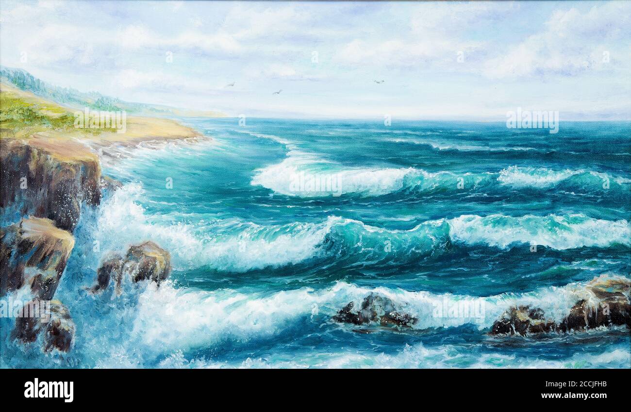 Original oil painting of Ocean and cliffs on canvas.Modern Impressionism Stock Photo - Alamy
