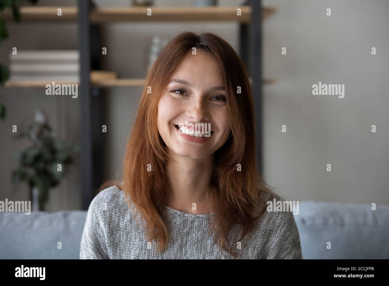 Profile picture of smiling woman talk on video call Stock Photo - Alamy