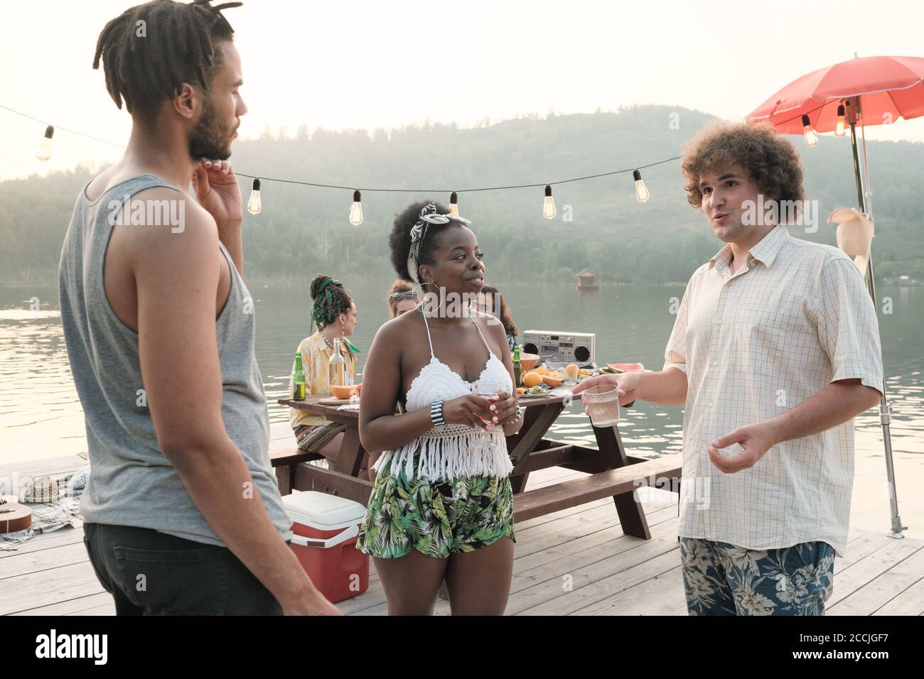 Young people talking to each other and drinking alcohol while spending ...