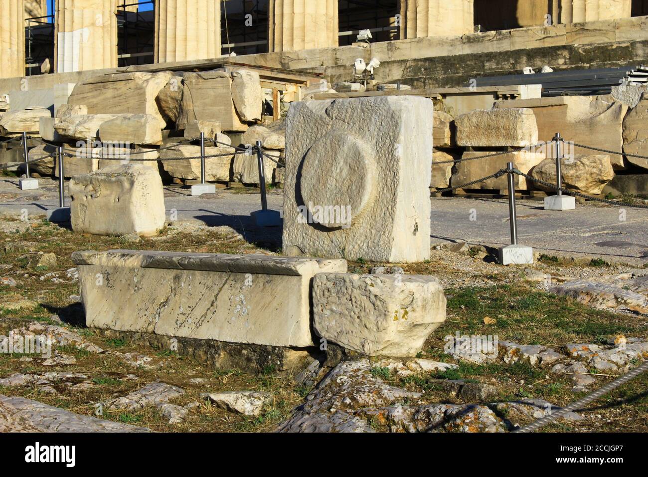 Greece, Athens, June 16 2020 - Pieces of marble at the archaeological ...