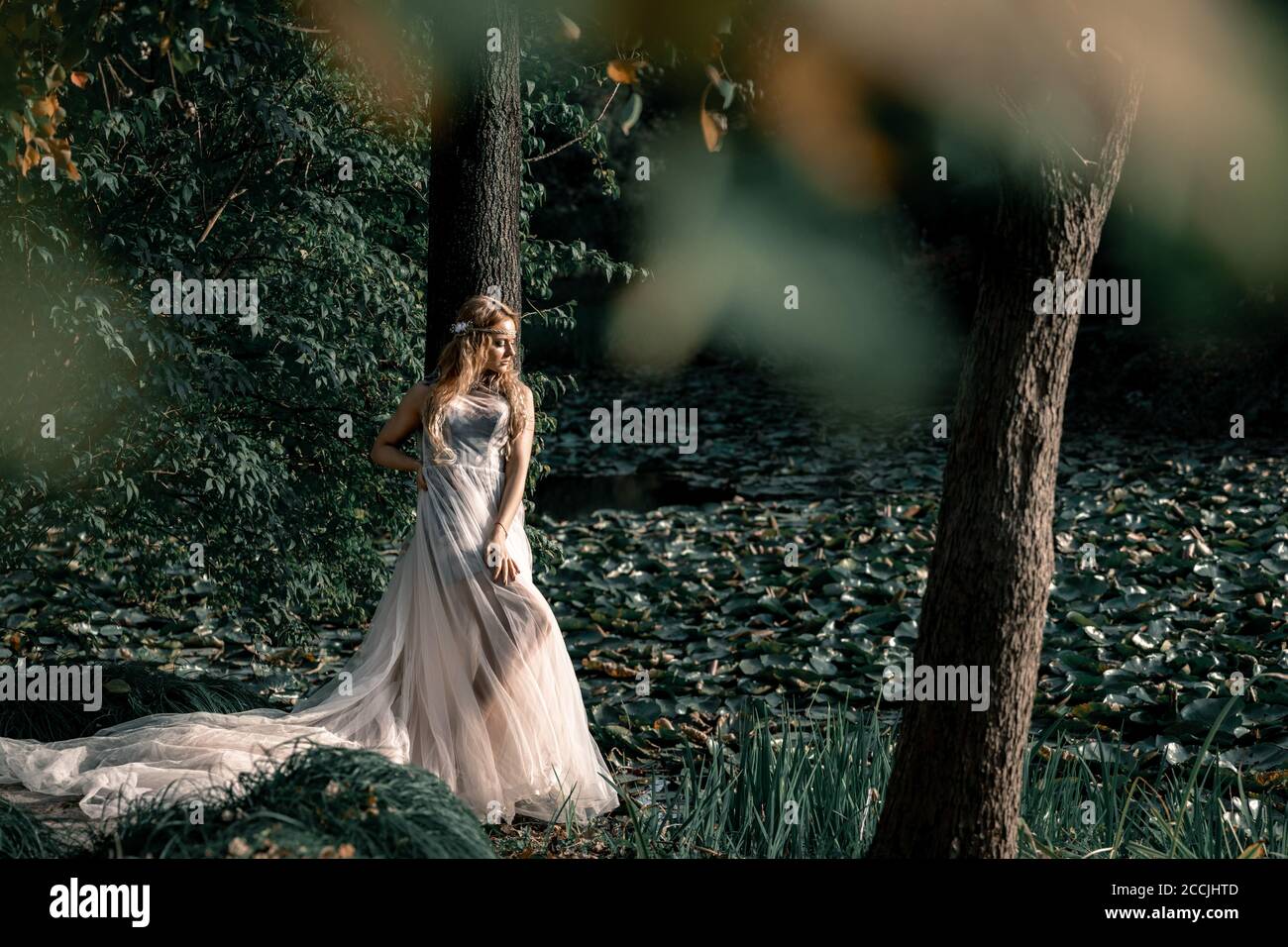 Beautiful young woman posing in a dress outdoor Stock Photo - Alamy