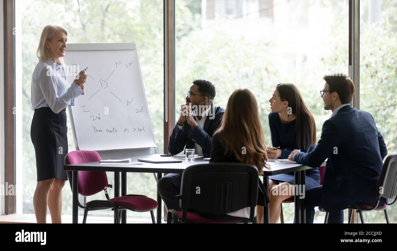 Mature female business coach explaining marketing basics to younger ...