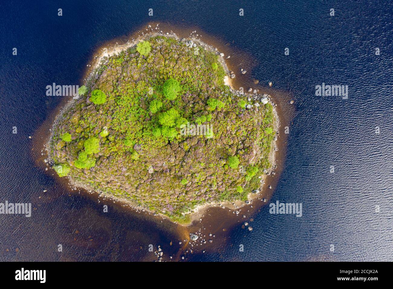 Aerial view of small island on Loch Ba on Rannoch Moor in summer ...