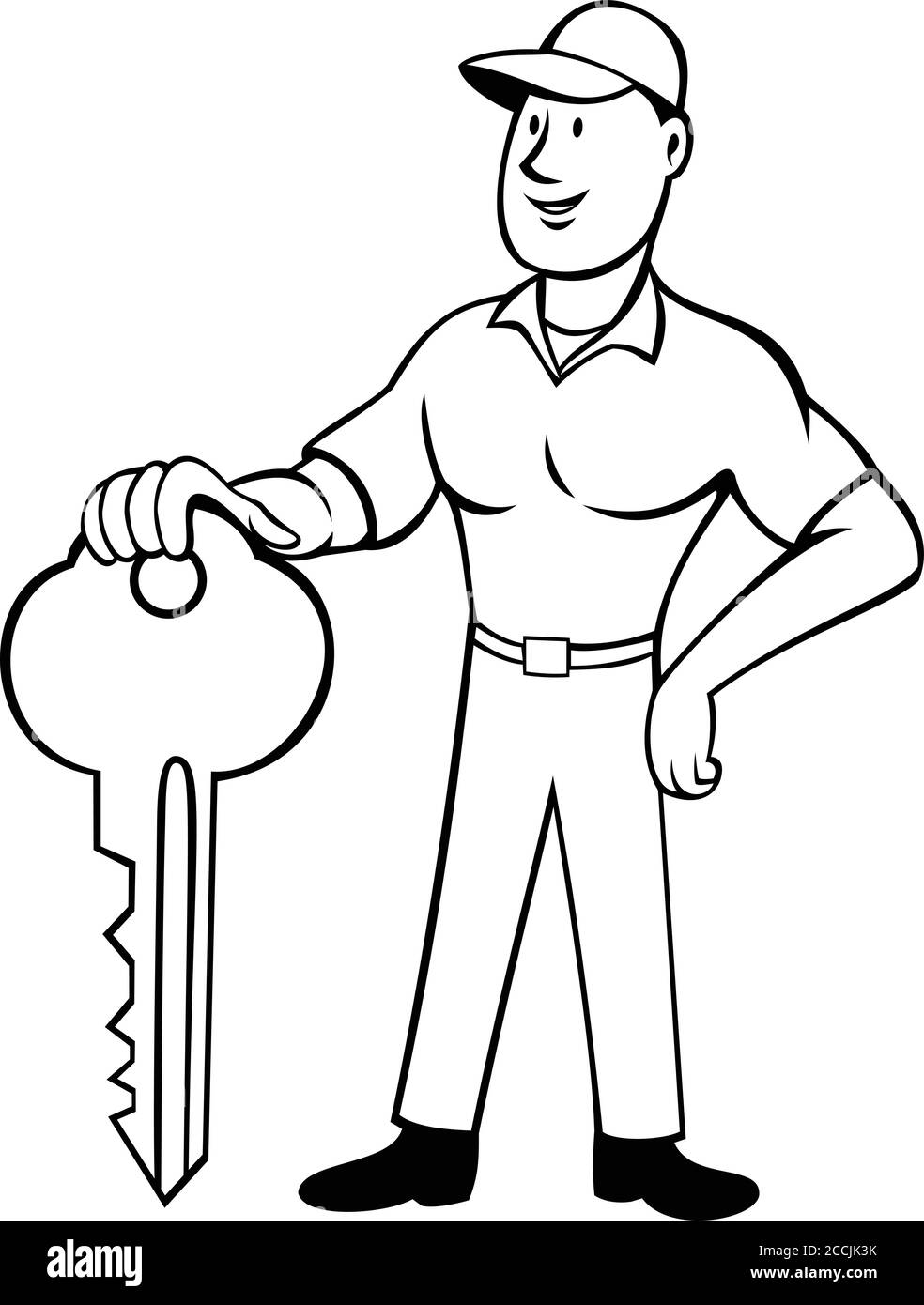 Cartoon style illustration of a locksmith or keymaker standing and ...
