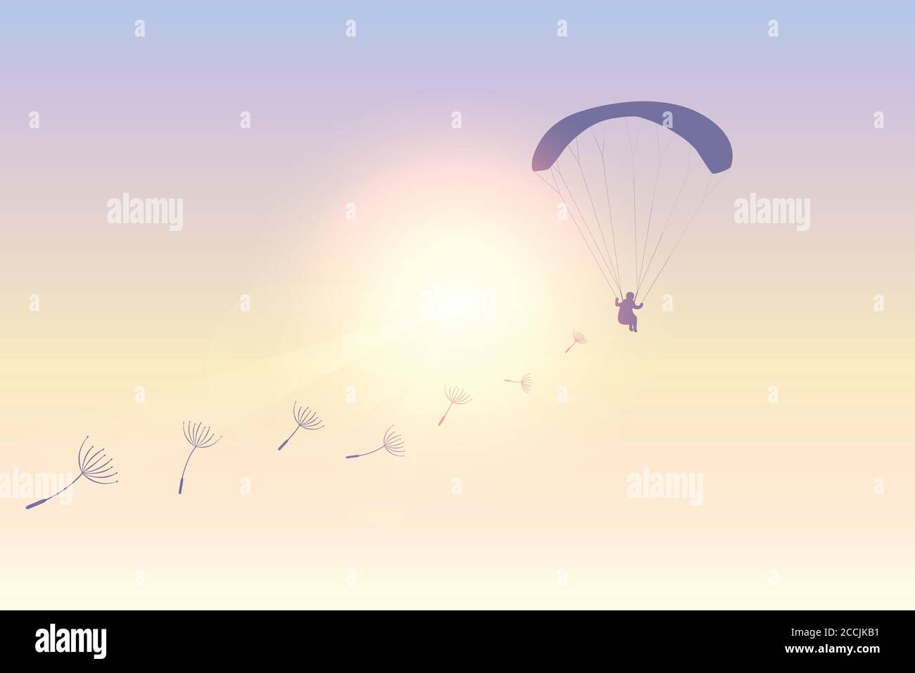 paraglider flies with dandelion seeds in sunny sky vector illustration ...