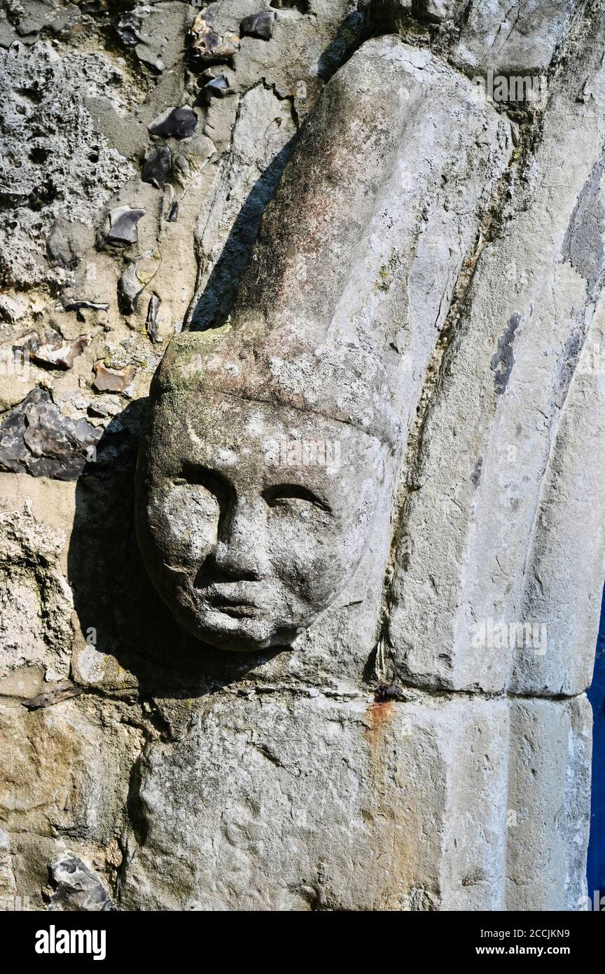 Figure sculpted in stone. All Saints Church, Hollingbourne, Kent. UK ...
