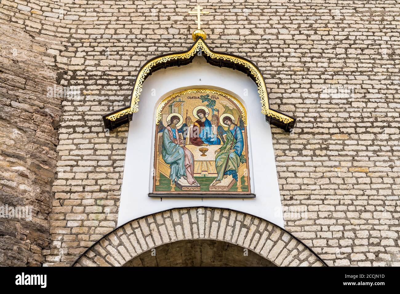 Holy Trinity mosaic on the main gate of the Pskov Kremlin or Pskov Krom ...