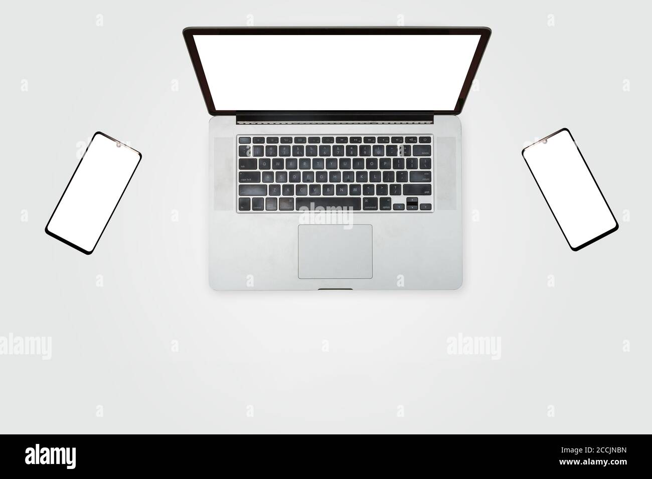 Open laptop with white smartphone. All with isolated screen on white ...