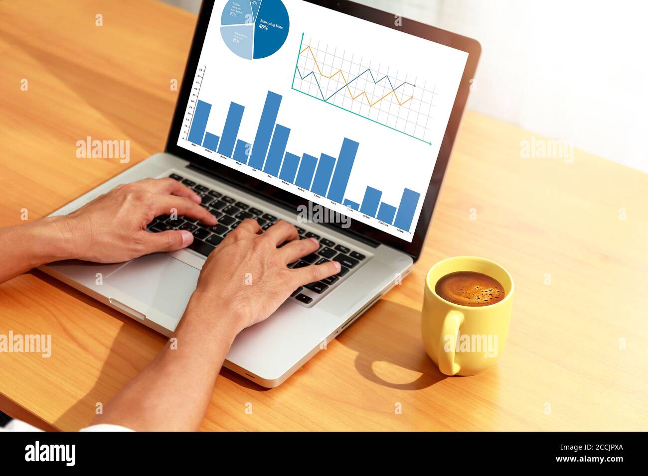 Businessman analyzing statistics on laptop screen, Hands man use laptop ...