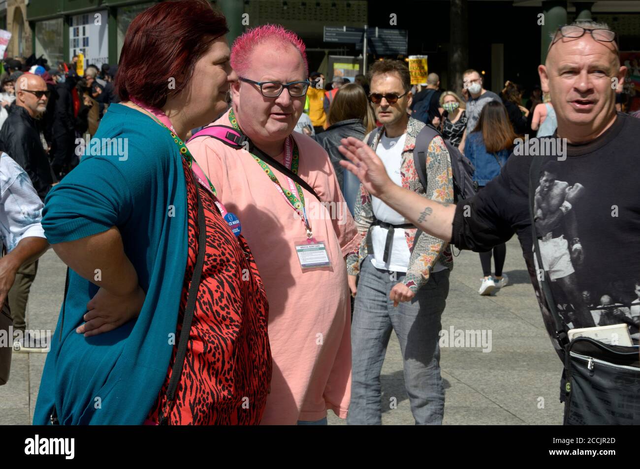 Strange Pink person at Conspiracy protest Stock Photo - Alamy