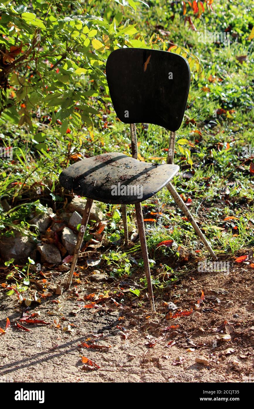 Vintage retro old dirty dilapidated wooden and metal leather covered ...