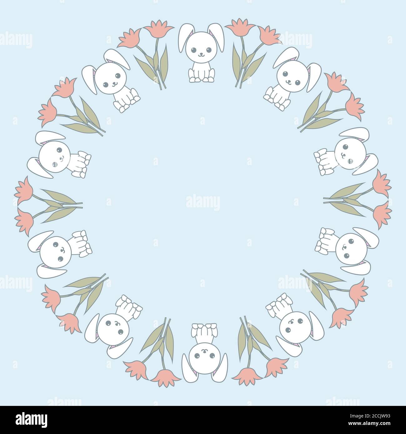 Cute frame with cartoon funny rabbits and flowers. Romantic design for ...