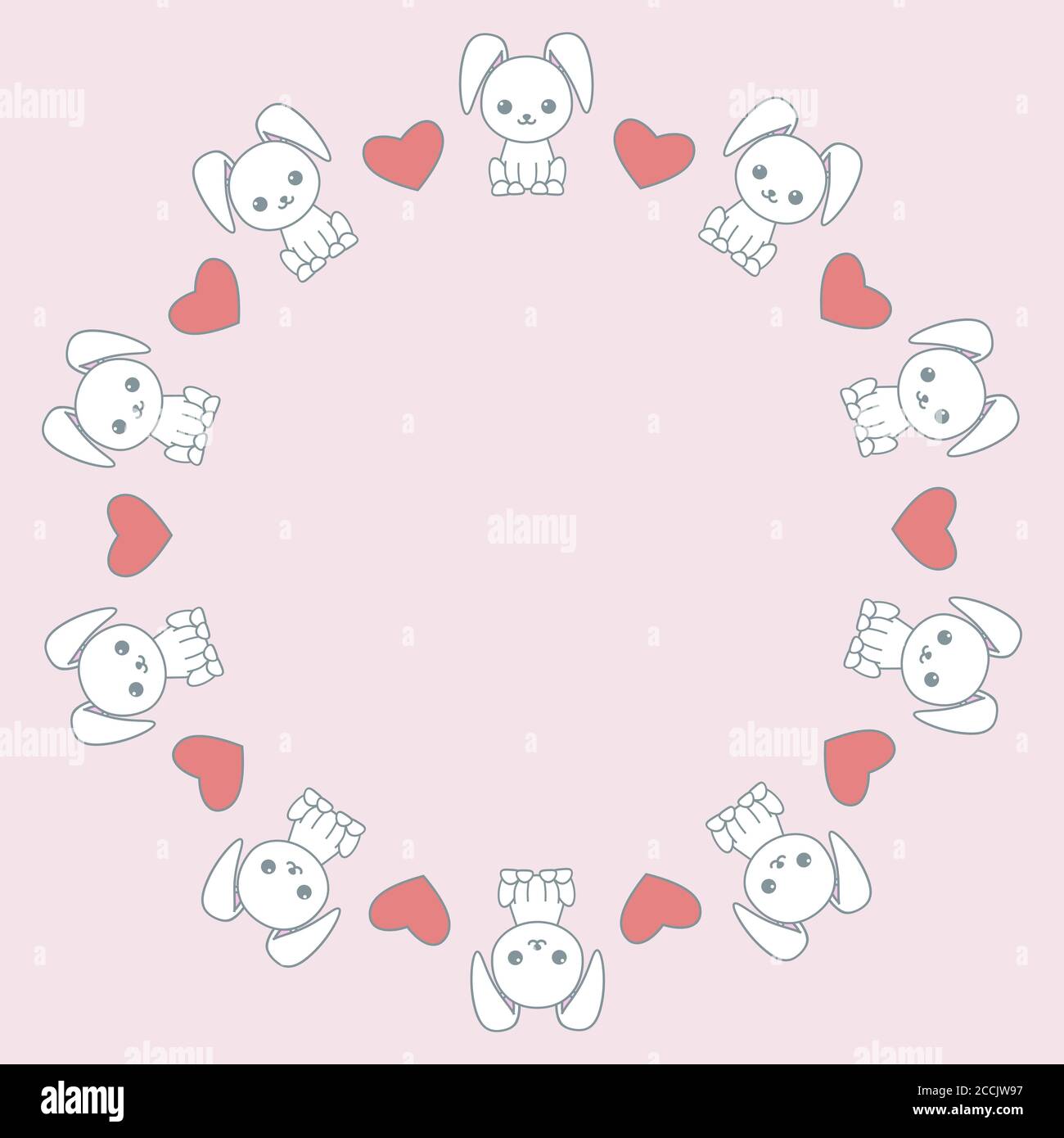 Cute frame with cartoon funny rabbits and hearts. Romantic design for a ...