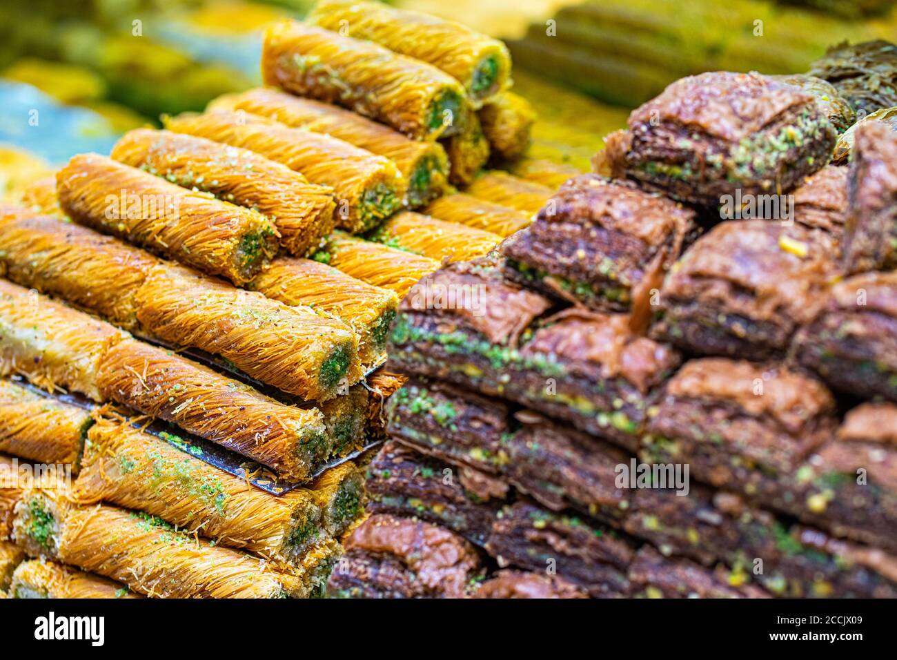 Various bright colored turkish delights sweets baklava lokum and dried ...