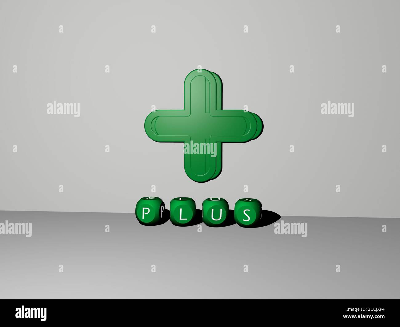plus 3D icon on the wall and text of cubic alphabets on the floor, 3D ...