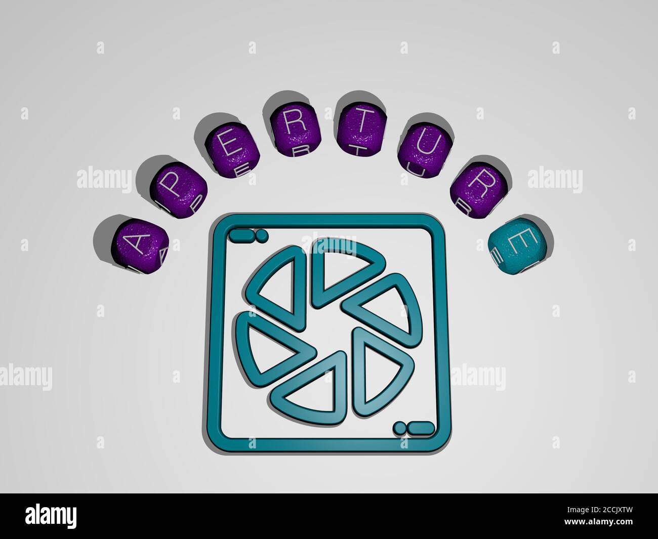 aperture icon surrounded by the text of individual letters, 3D ...