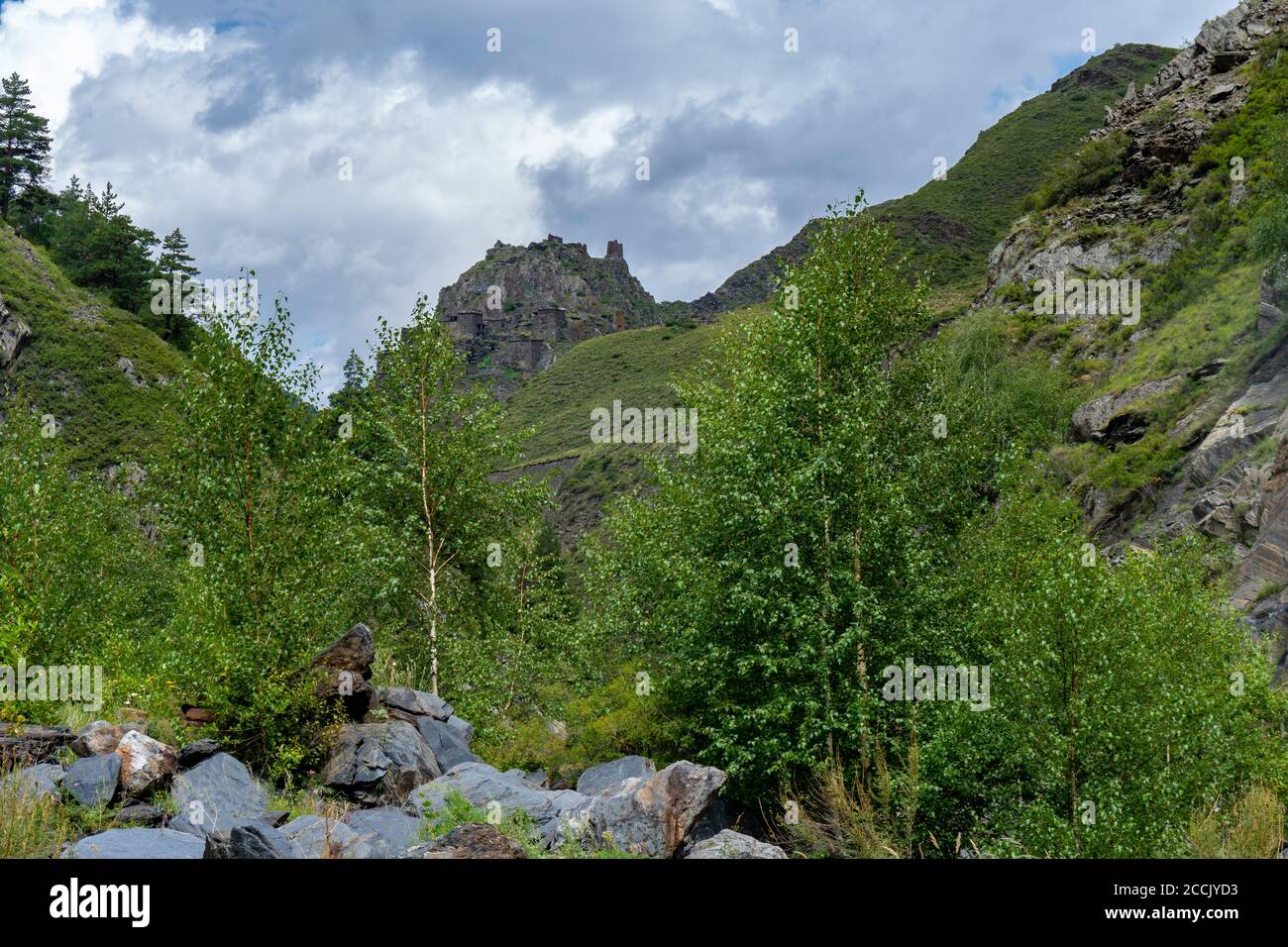 Ruined medieval village and fortress Mutso. Khevsureti, Georgia Stock ...
