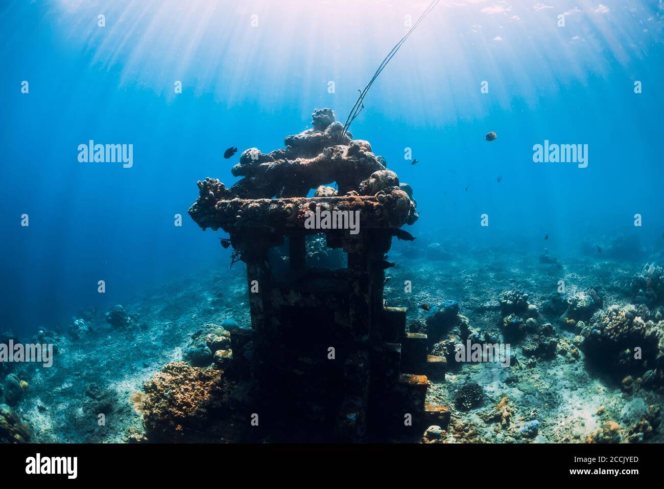 Underwater temple in blue ocean near Amed, Bali. Touristic diving site ...