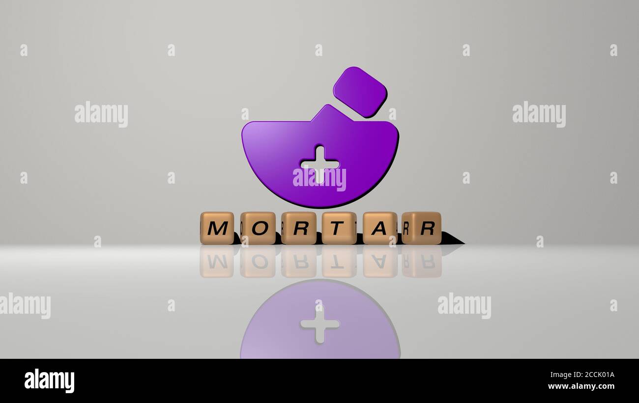 mortar text of cubic dice letters on the floor and 3D icon on the wall ...