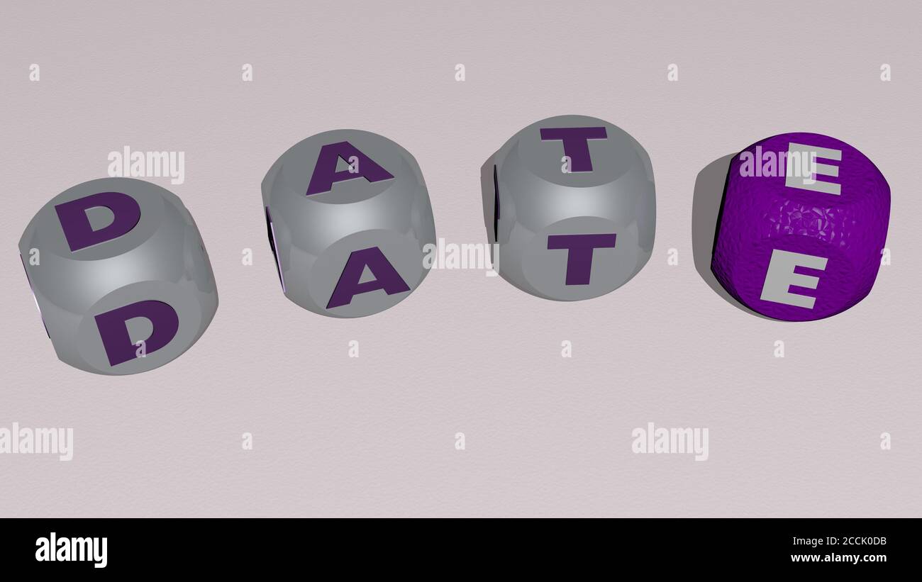 date curved text of cubic dice letters, 3D illustration Stock Photo - Alamy