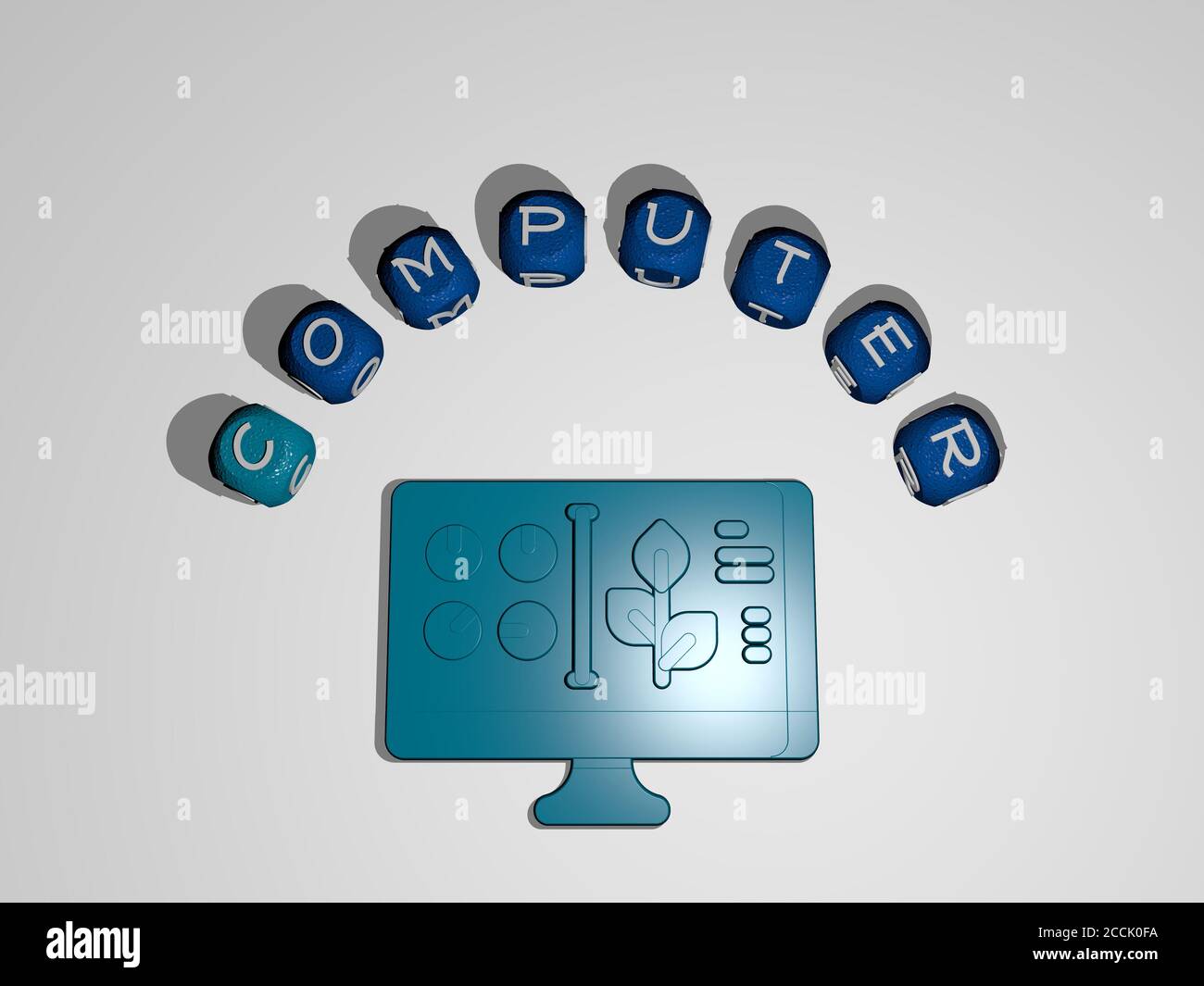 computer icon surrounded by the text of individual letters, 3D ...
