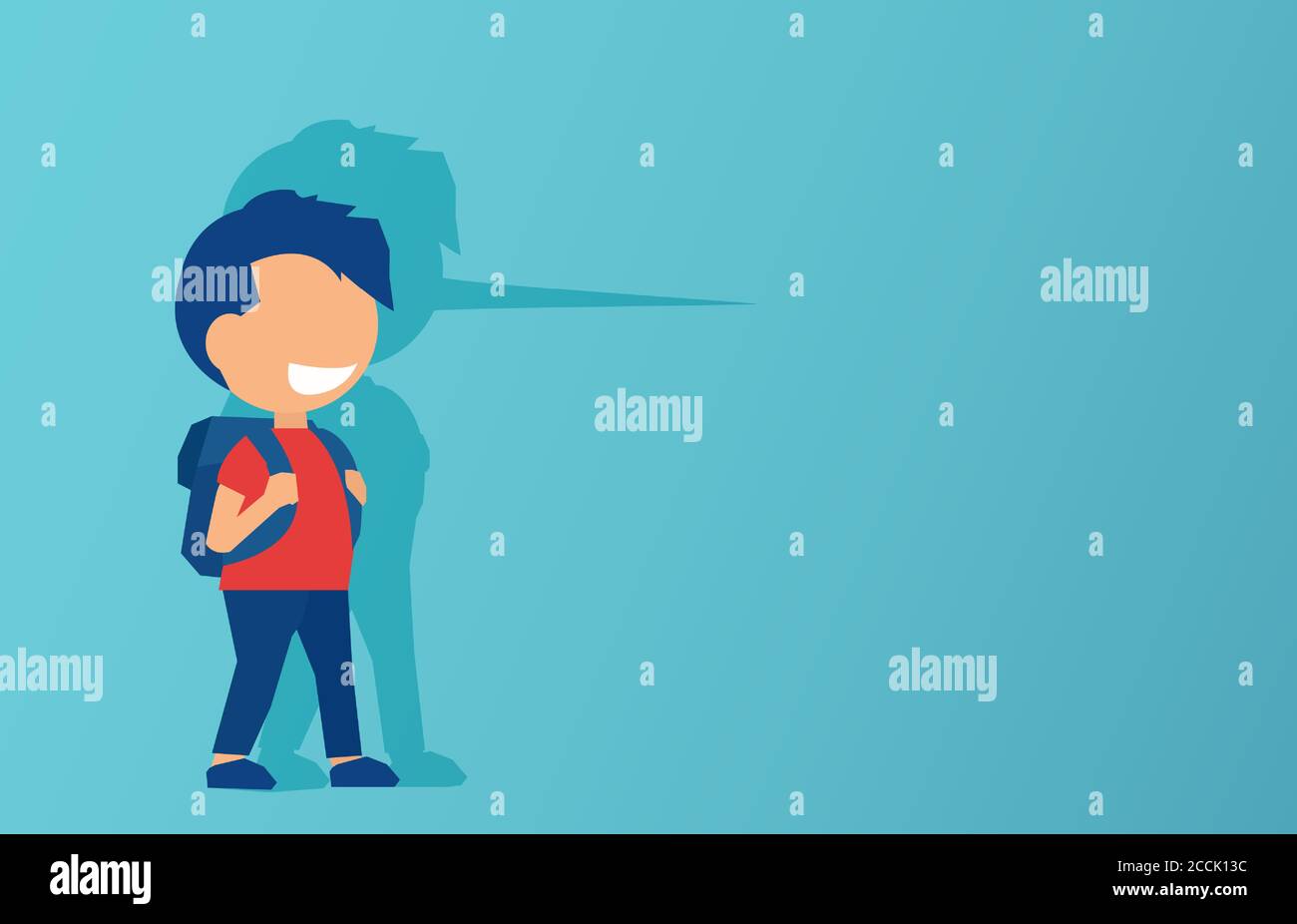 Vector of a happy smiling liar boy with shadow of himself with a long ...