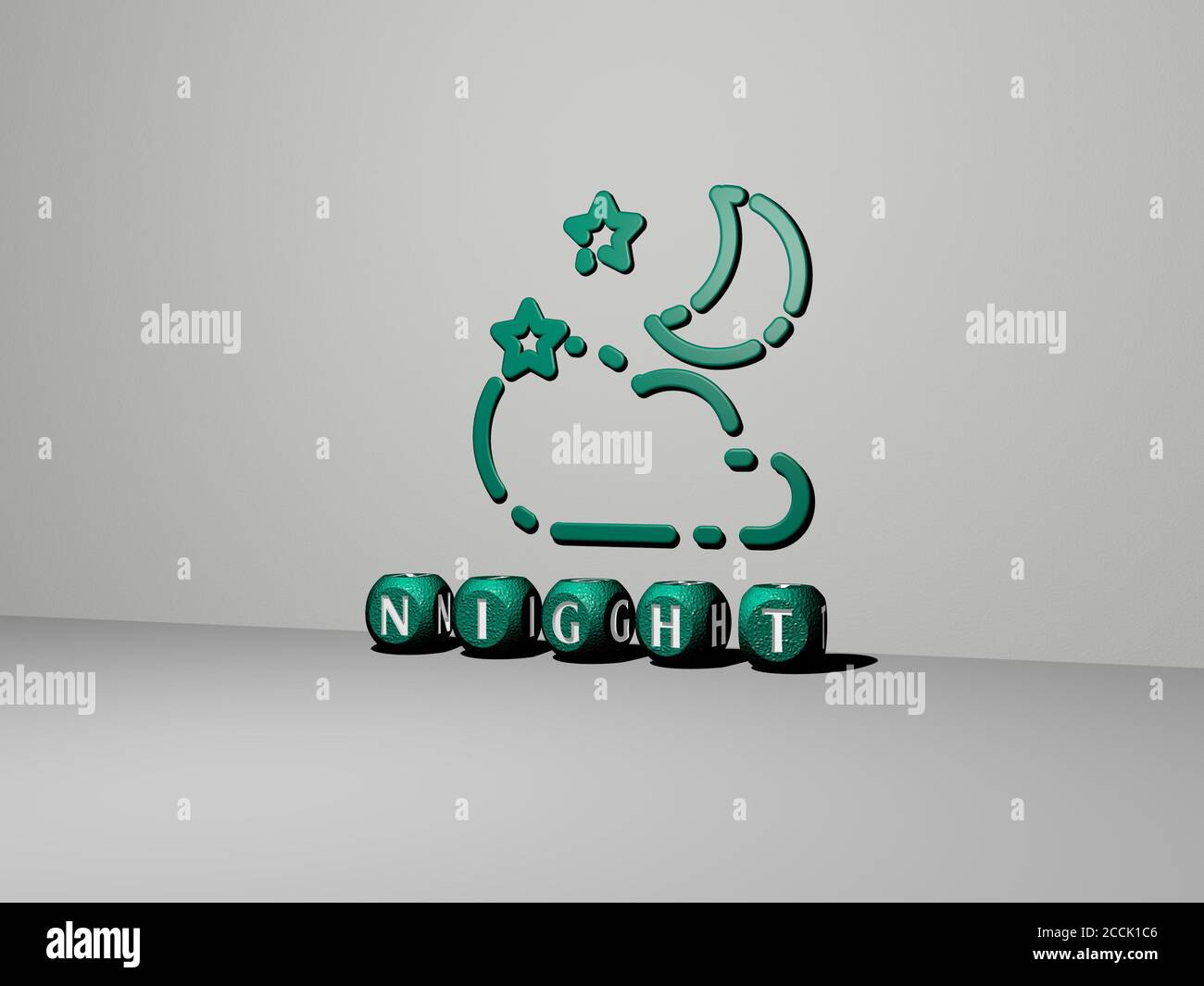 NIGHT 3D icon on the wall and text of cubic alphabets on the floor, 3D ...