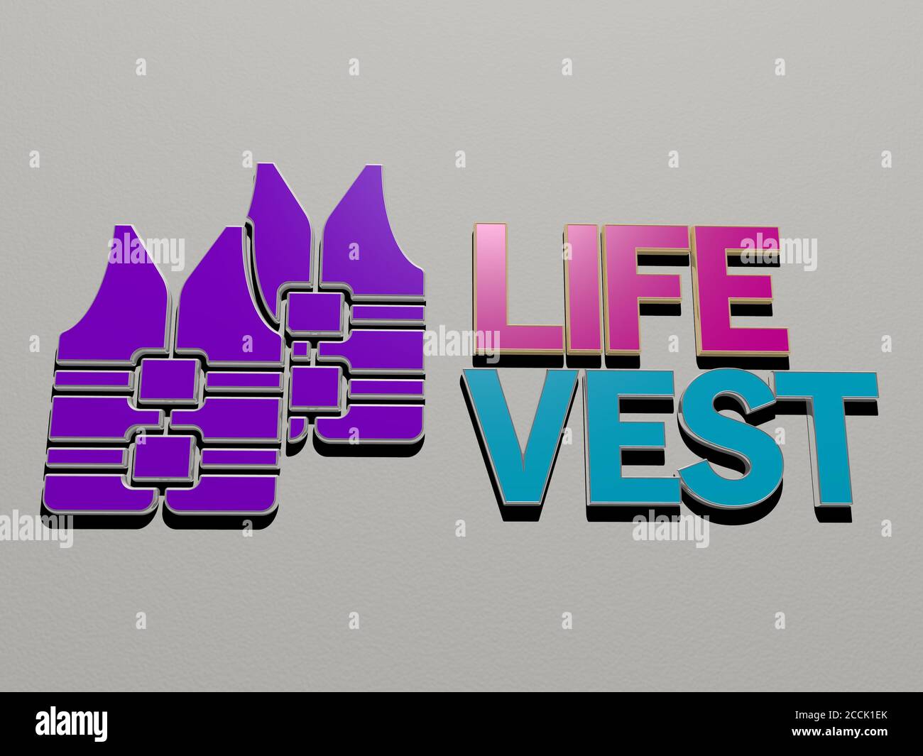 3D illustration of LIFE VEST graphics and text made by metallic dice ...
