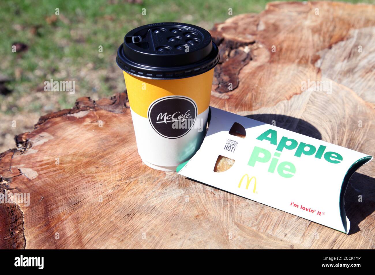 McDonald's Apple Pie and McCafe coffee cup outside, sunny day, 2020 ...
