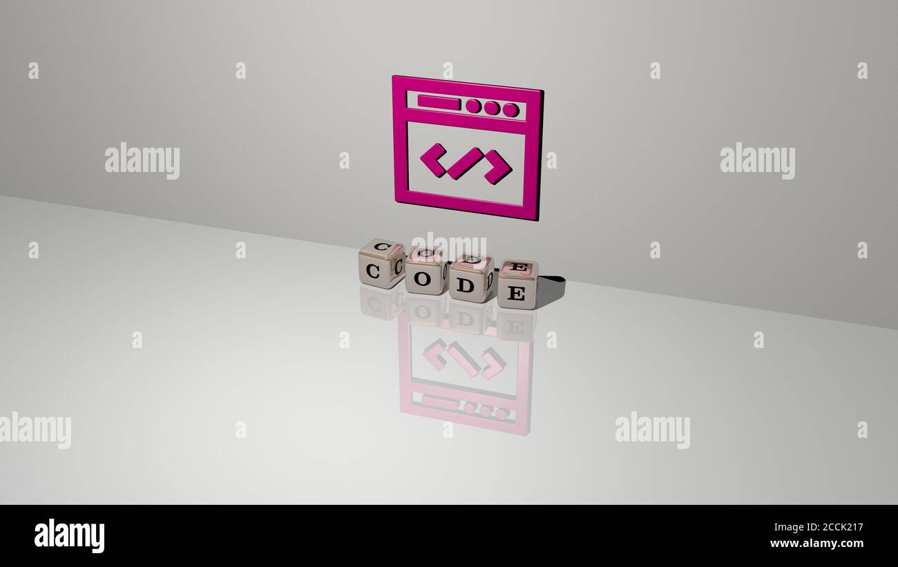 code text of cubic dice letters on the floor and 3D icon on the wall ...