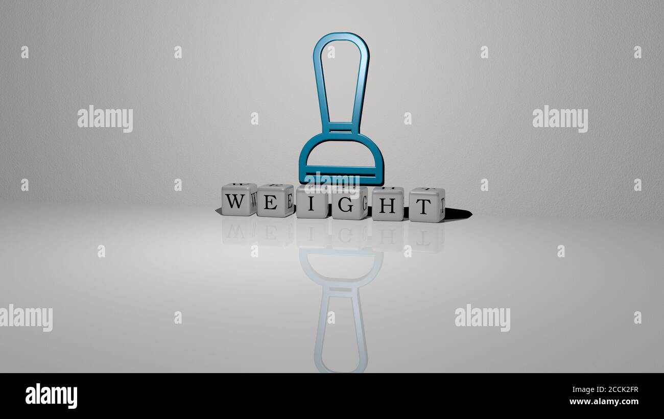 weight text of cubic dice letters on the floor and 3D icon on the wall ...