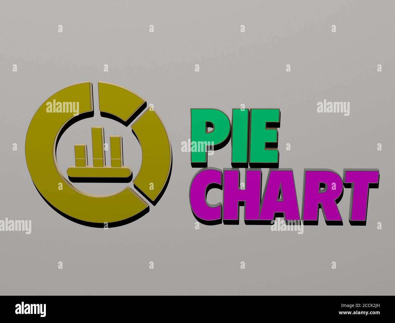 3D illustration of PIE CHART graphics and text made by metallic dice ...