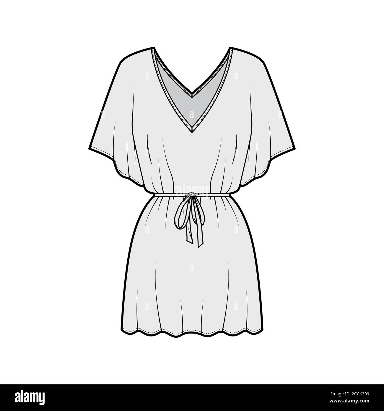 Kaftan dress technical fashion illustration with deep V-neck, belted ...