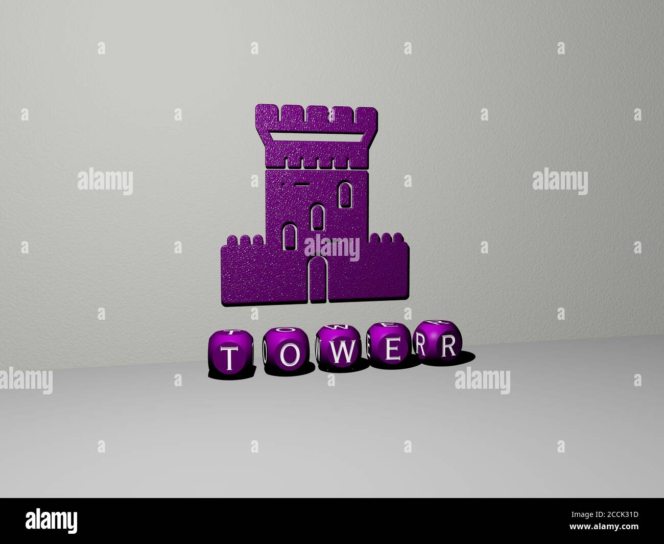 3D illustration of tower graphics and text made by metallic dice ...