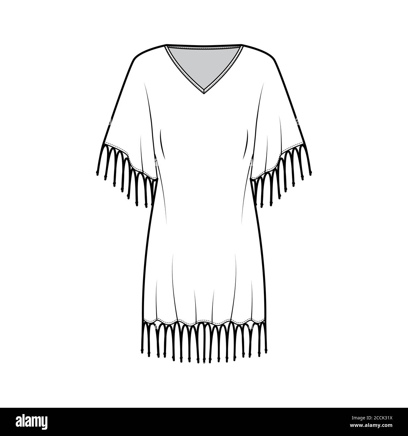 Fringed kaftan dress technical fashion illustration with deep V-neck ...