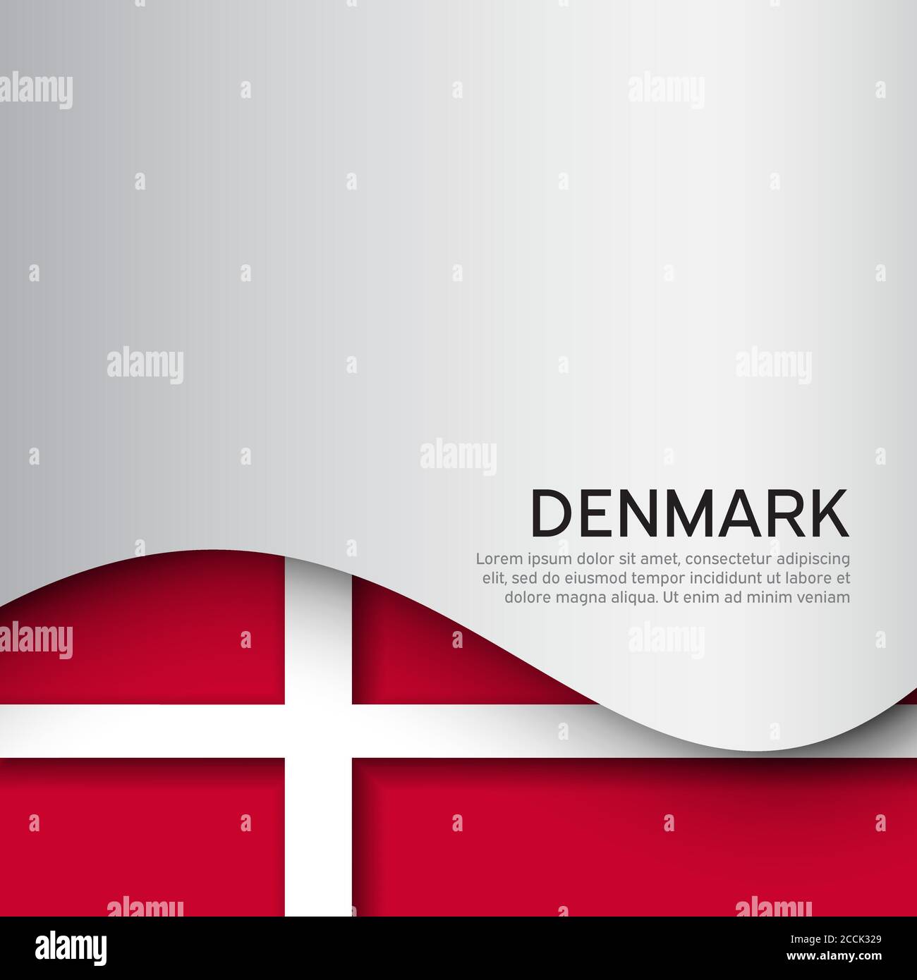 Flag of Denmark on a wavy white background. National poster design ...