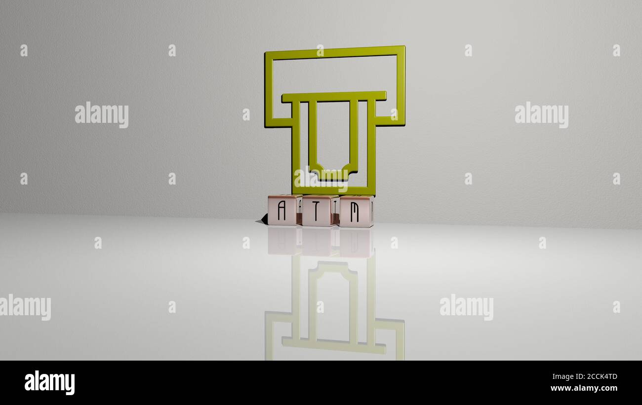 atm text of cubic dice letters on the floor and 3D icon on the wall, 3D ...