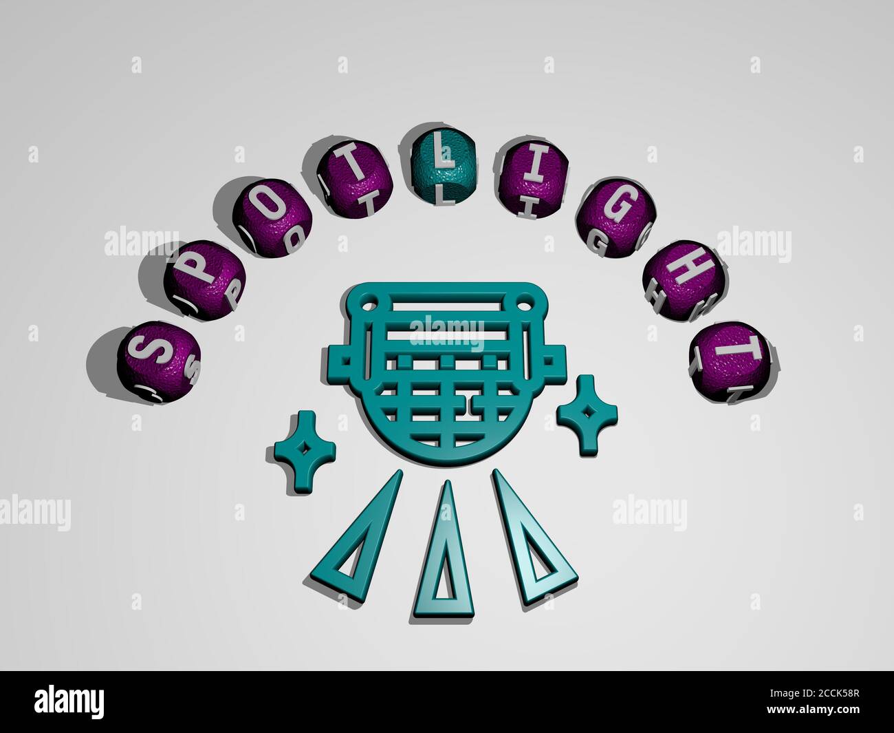 SPOTLIGHT icon surrounded by the text of individual letters, 3D ...
