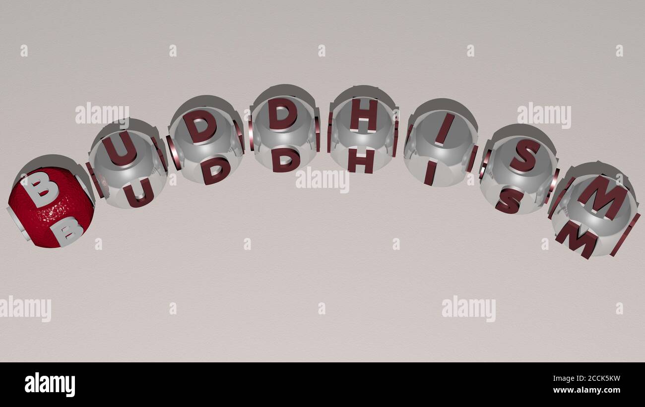 buddhism curved text of cubic dice letters, 3D illustration Stock Photo ...
