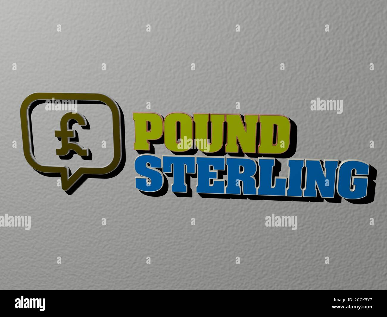3D representation of pound sterling with icon on the wall and text ...
