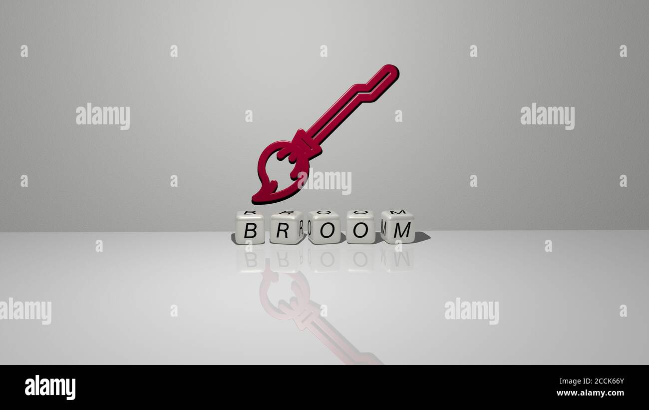 BROOM text of cubic dice letters on the floor and 3D icon on the wall ...