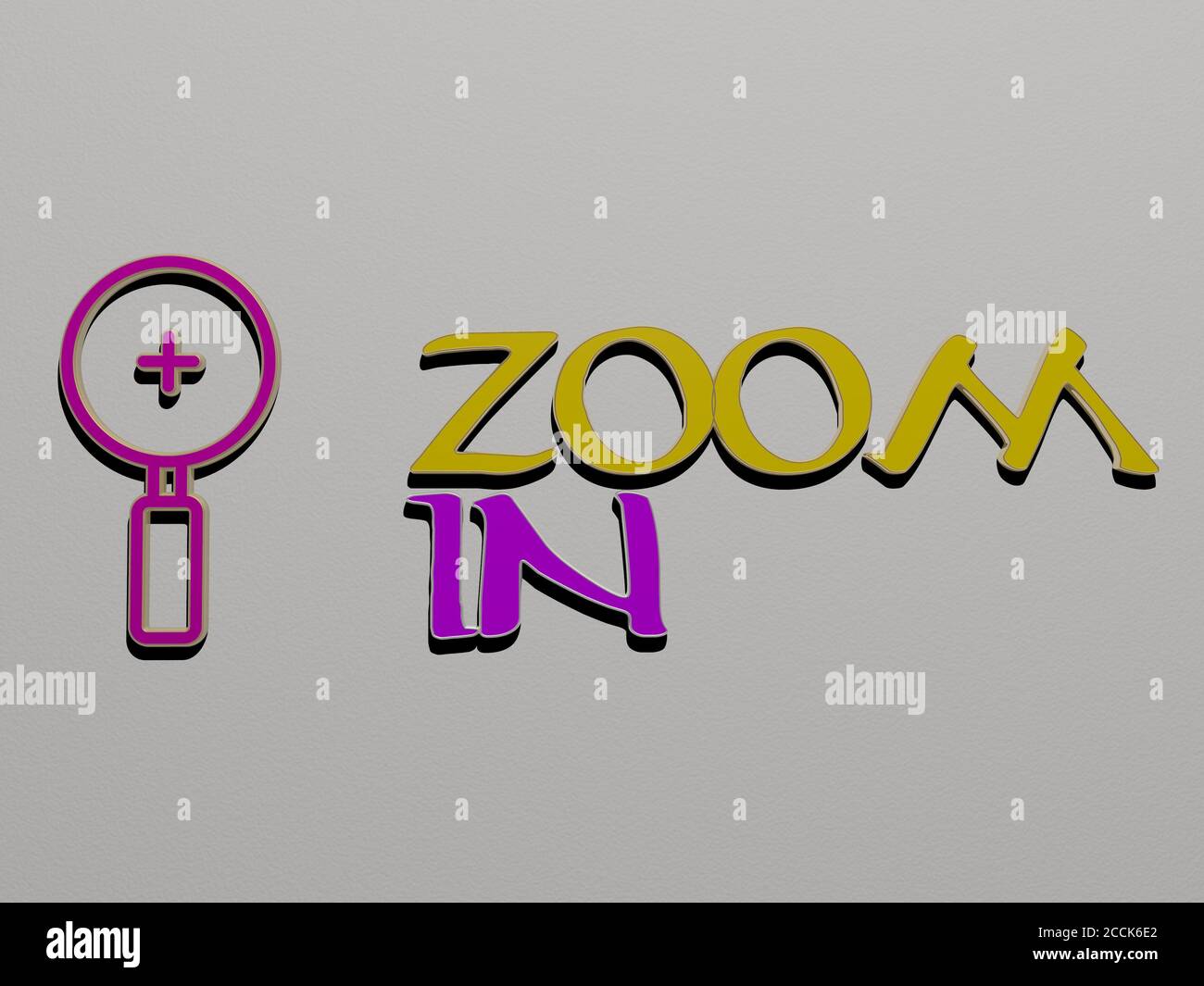 3D representation of zoom in with icon on the wall and text arranged by ...