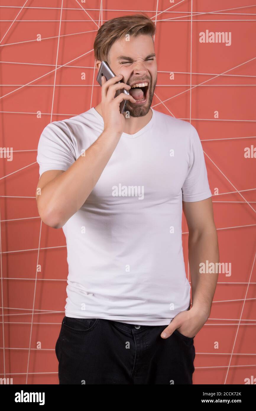 Rude manners concept. Guy call phone mobile conversation. Macho ...