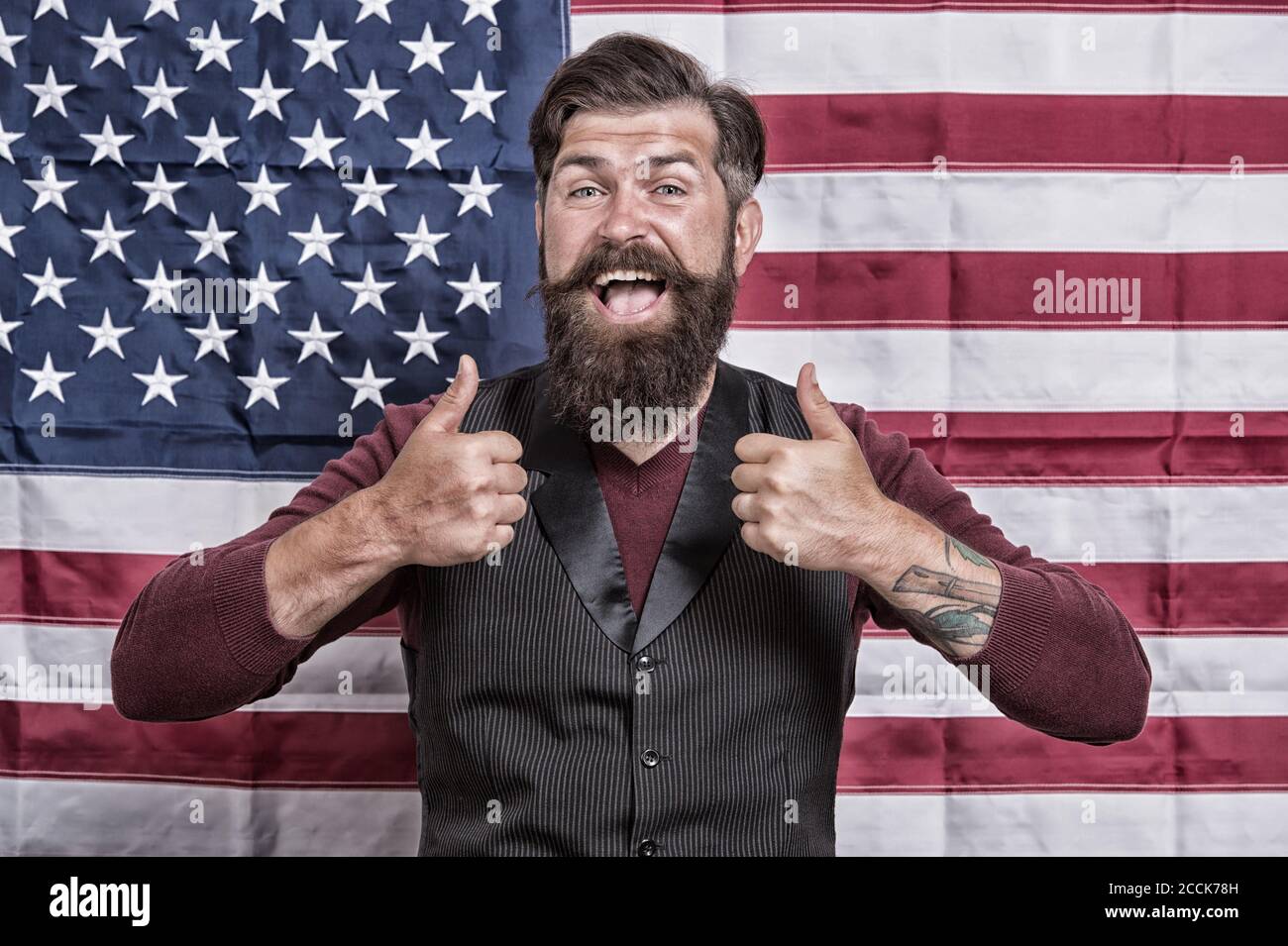 Man with beard and mustache USA flag background, happy migrant concept ...